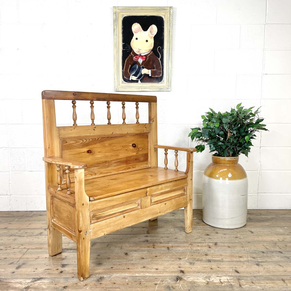 Vintage Pine Settle Bench with Storage | M-2787 | Penderyn Antiques